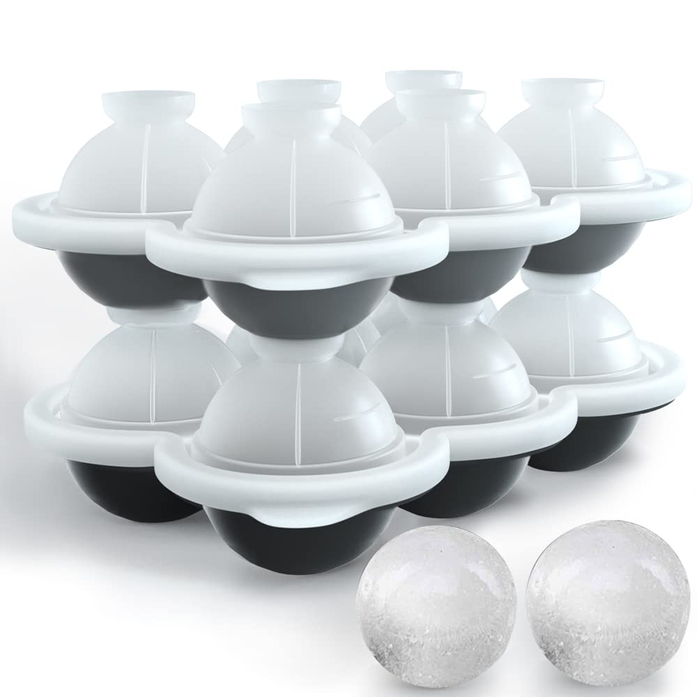 LiyuanQ Ice Cube Trays 2 Pack Large Silicon Ice Cubes Mold 2-Inch Ice Ball Maker Round Ice Mold with Funnel and Lid, Easy-Release, No Leakage, for Whiskey, Cocktail, Juice, Party (Black & Grey)