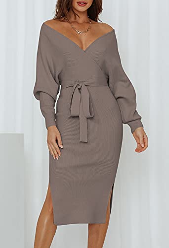 Pink Queen Womens V Neck Sweater Wrap Dresses Batwing Sleeve Sexy Backless Bodycon Slit Maxi Knit Dress with Belt Khaki L