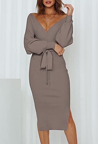 Pink Queen Womens V Neck Sweater Wrap Dresses Batwing Sleeve Sexy Backless Bodycon Slit Maxi Knit Dress with Belt Khaki L