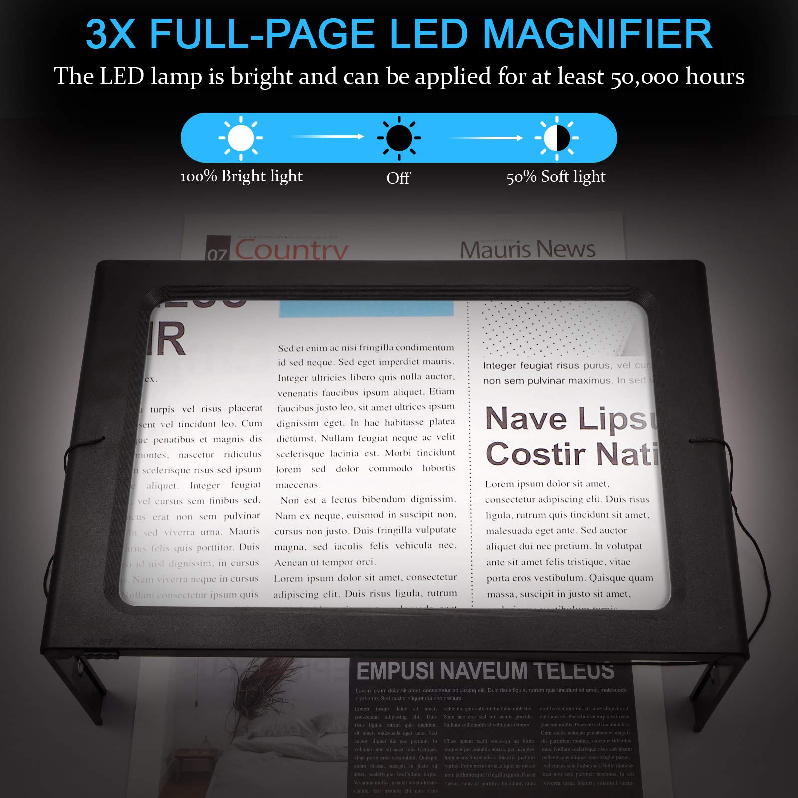 Rectangular Page Magnifier with 12 LED Lights 3X Magnifying Glass Folding and Hands-Free Led Full-Page Magnifier with Dual Power Mode for Elder, Low Vision People to Read Small Prints