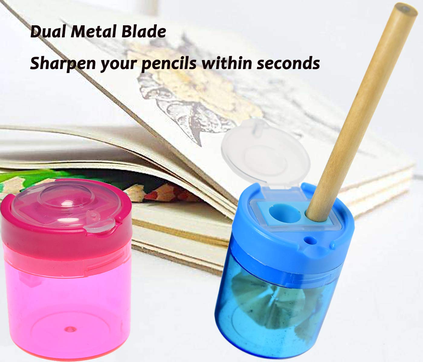 WEKOIL Pencil Sharpener Manual Pencil Sharpener 2 Holes Metal Sharp Blade Crayon XL Sharpener with Large Round Catches Sharpening Regular HB Pencils Graphite Colored Jumbo Pencils Pack of 4