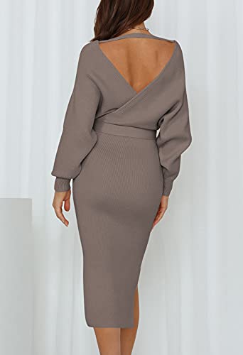 Pink Queen Womens V Neck Sweater Wrap Dresses Batwing Sleeve Sexy Backless Bodycon Slit Maxi Knit Dress with Belt Khaki L