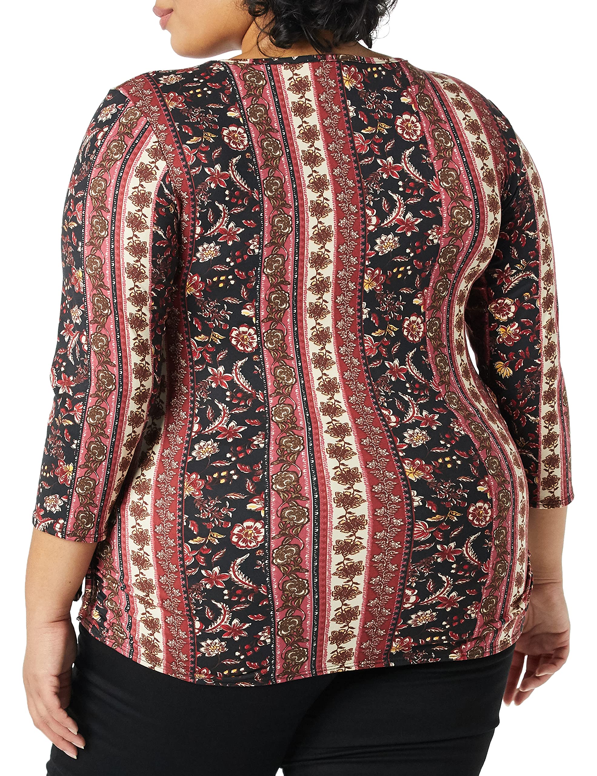 Star Vixen Women's Plus Size 3/4 Sleeve V Neck Top with Ruched Side Detail, Black Mauve Wallpaper, 4X
