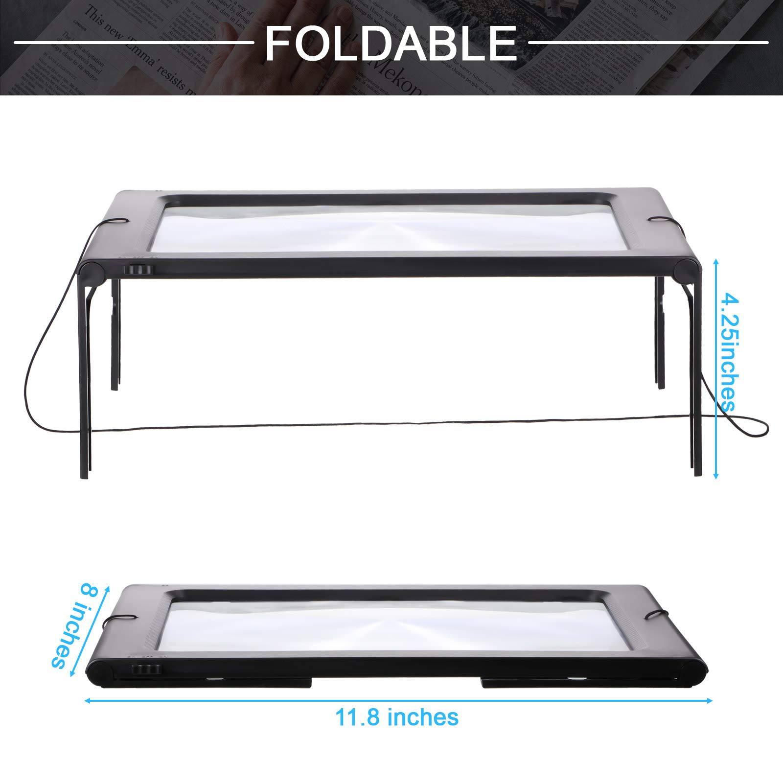 Rectangular Page Magnifier with 12 LED Lights 3X Magnifying Glass Folding and Hands-Free Led Full-Page Magnifier with Dual Power Mode for Elder, Low Vision People to Read Small Prints