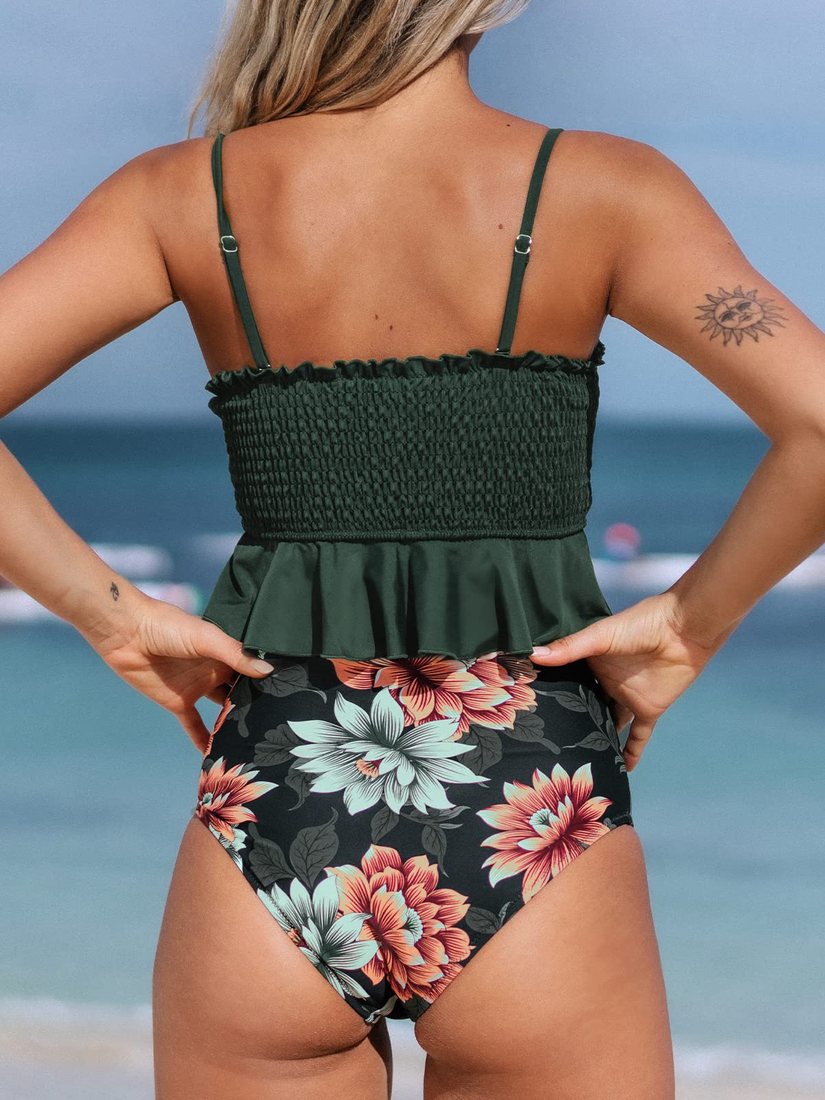 CUPSHE Women's High Waist Bikini Swimsuit Floral Print Ruffle Two Piece Bathing Suit, L Army Green