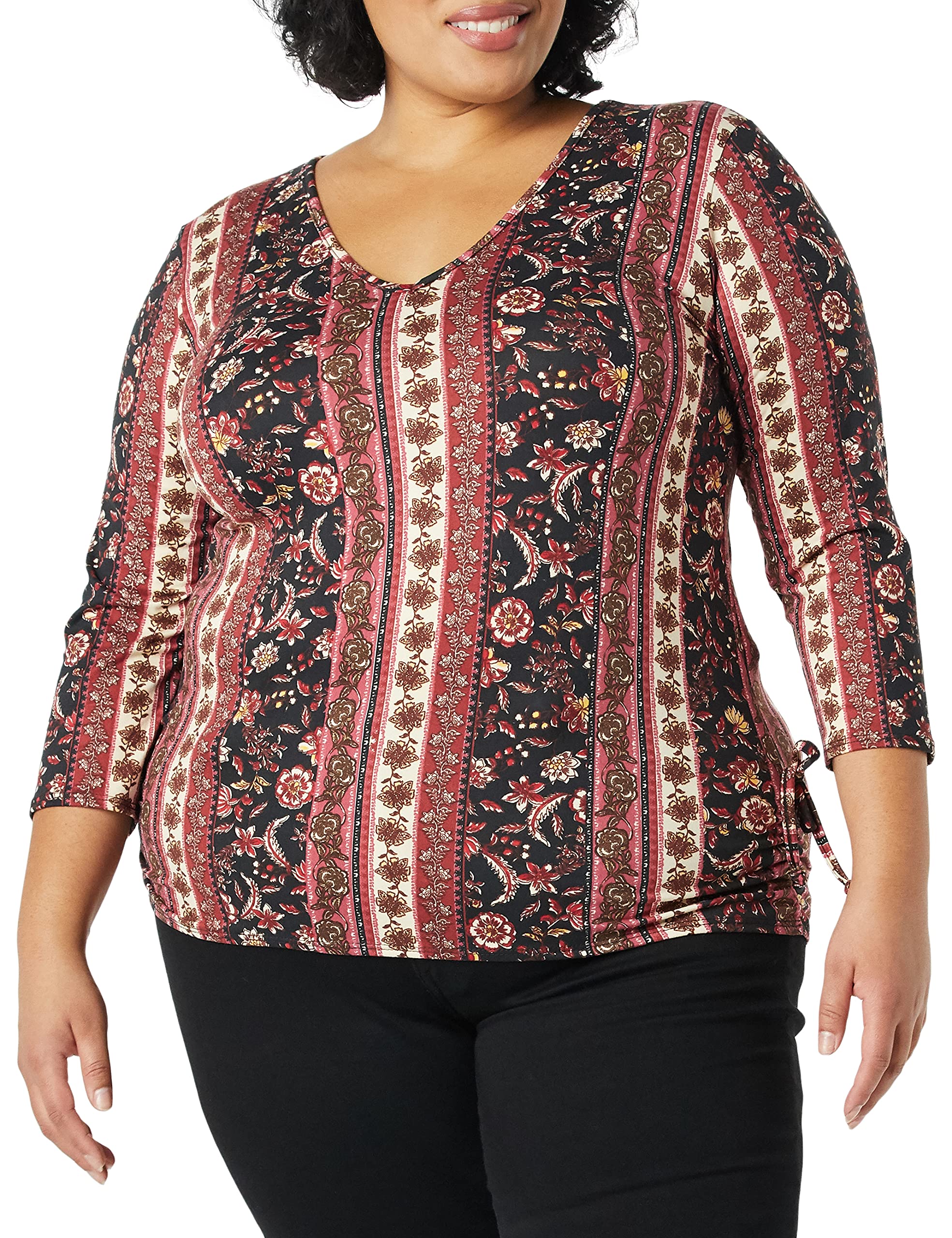 Star Vixen Women's Plus Size 3/4 Sleeve V Neck Top with Ruched Side Detail, Black Mauve Wallpaper, 4X