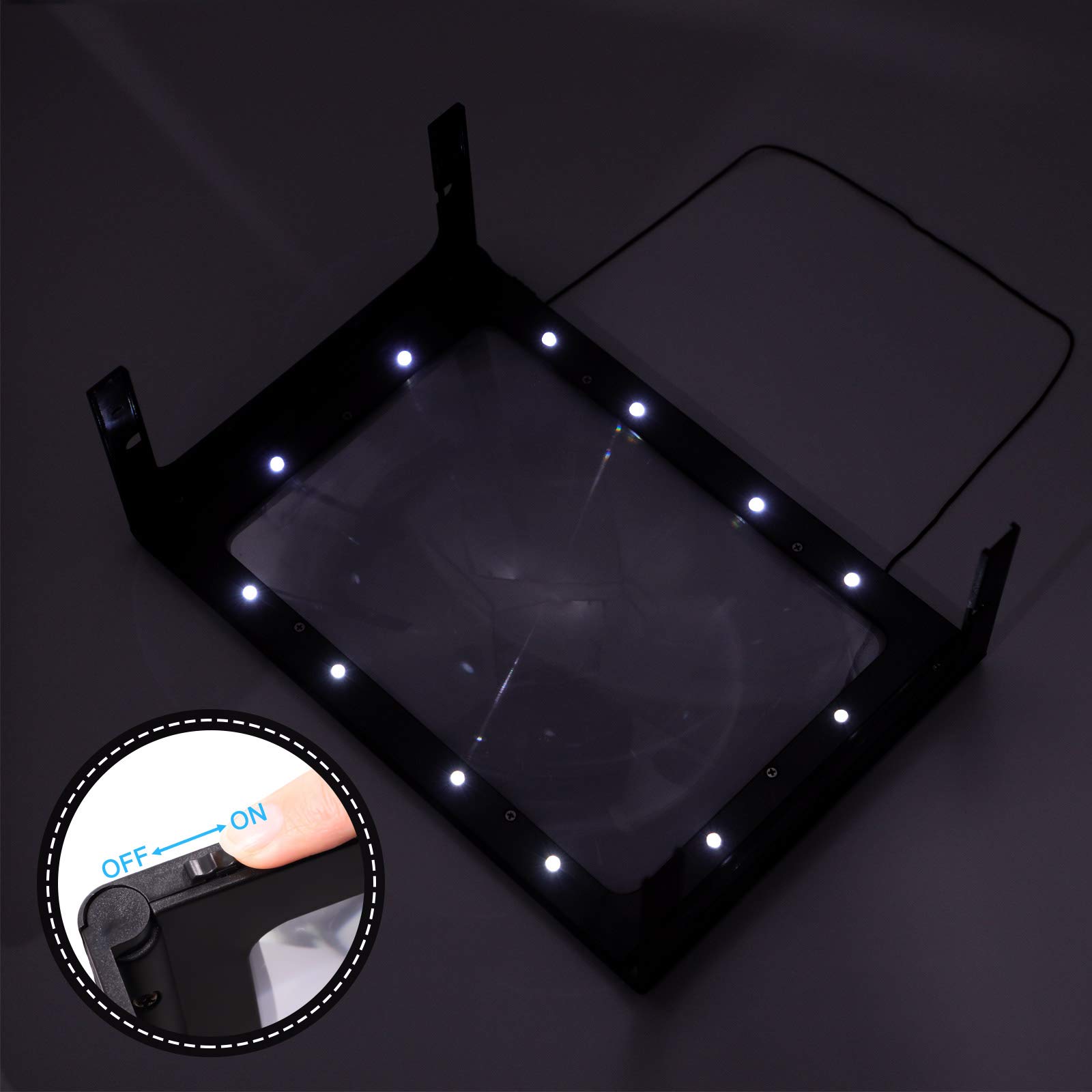 Rectangular Page Magnifier with 12 LED Lights 3X Magnifying Glass Folding and Hands-Free Led Full-Page Magnifier with Dual Power Mode for Elder, Low Vision People to Read Small Prints