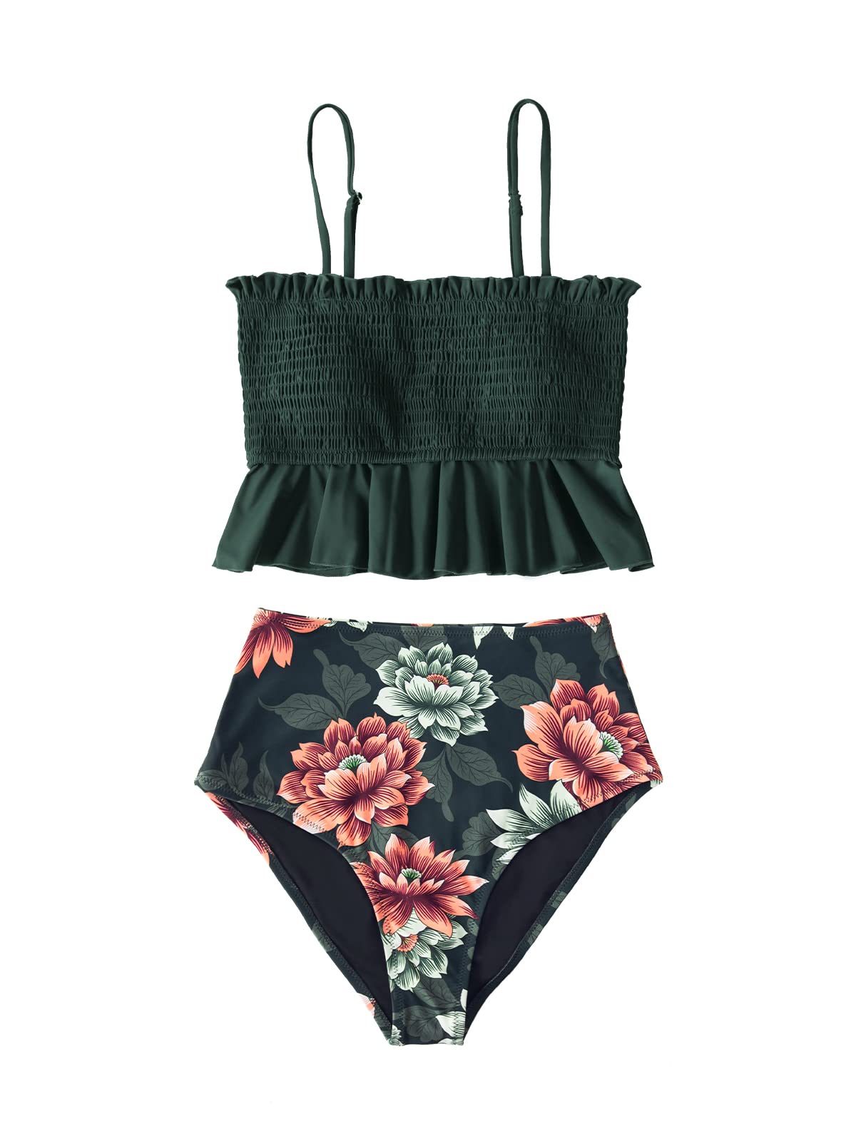 CUPSHE Women's High Waist Bikini Swimsuit Floral Print Ruffle Two Piece Bathing Suit, L Army Green