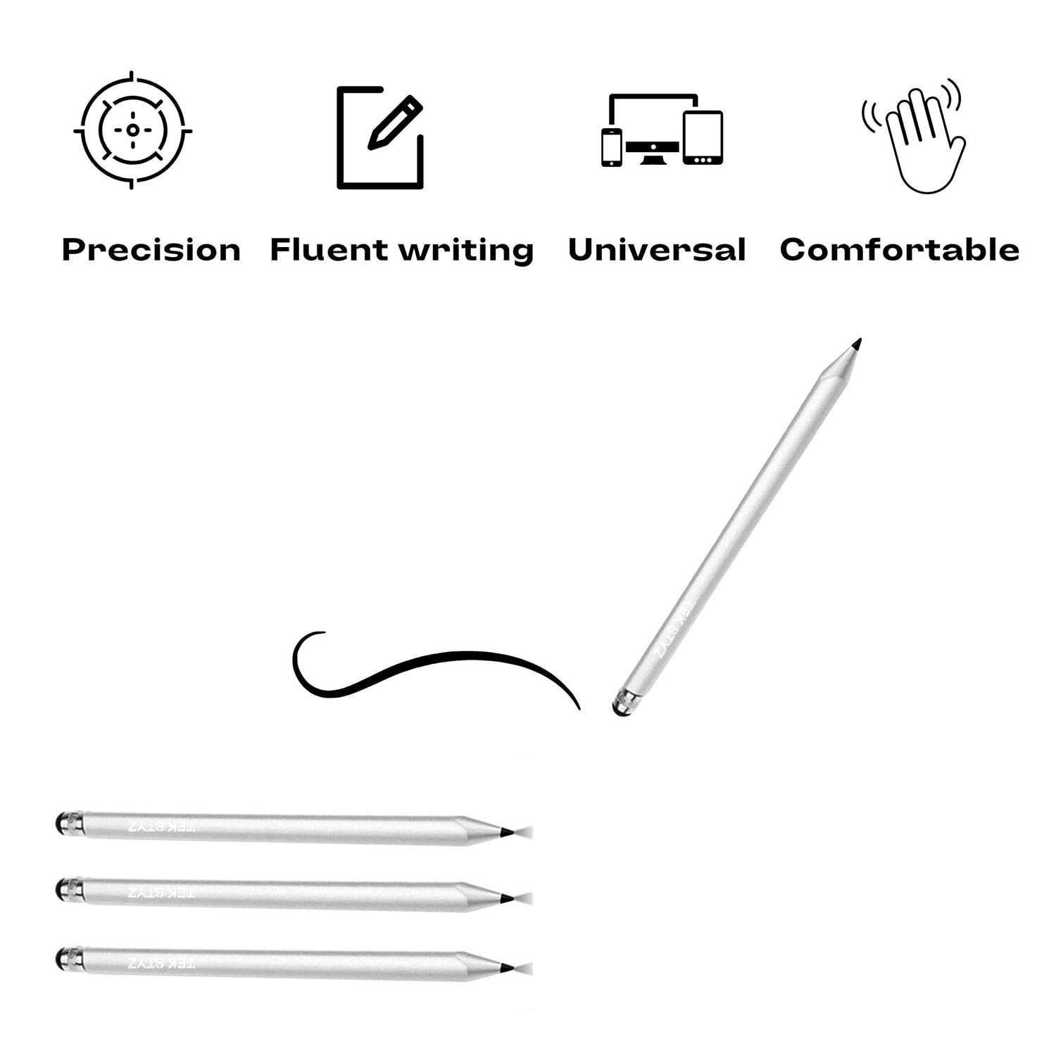 Tek Styz Pro Stylus Capacitive Pen Works for Bose SoundSport Free with Upgraded Custom High Precision Touch Full Size 3 Pack! (Silver)