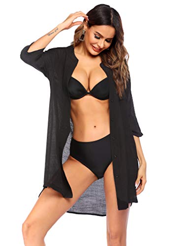Ekouaer Bathing Suit Cover Up for Women V Neck Button Down Swimsuit Coverup Beach Dress Shirt Black