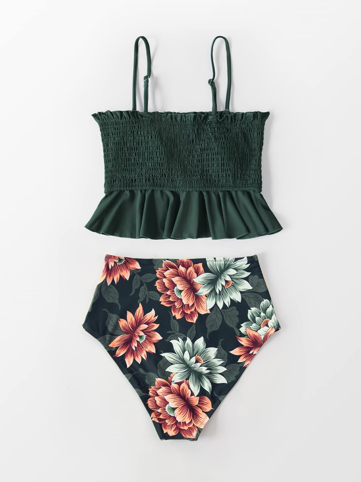 CUPSHE Women's High Waist Bikini Swimsuit Floral Print Ruffle Two Piece Bathing Suit, L Army Green