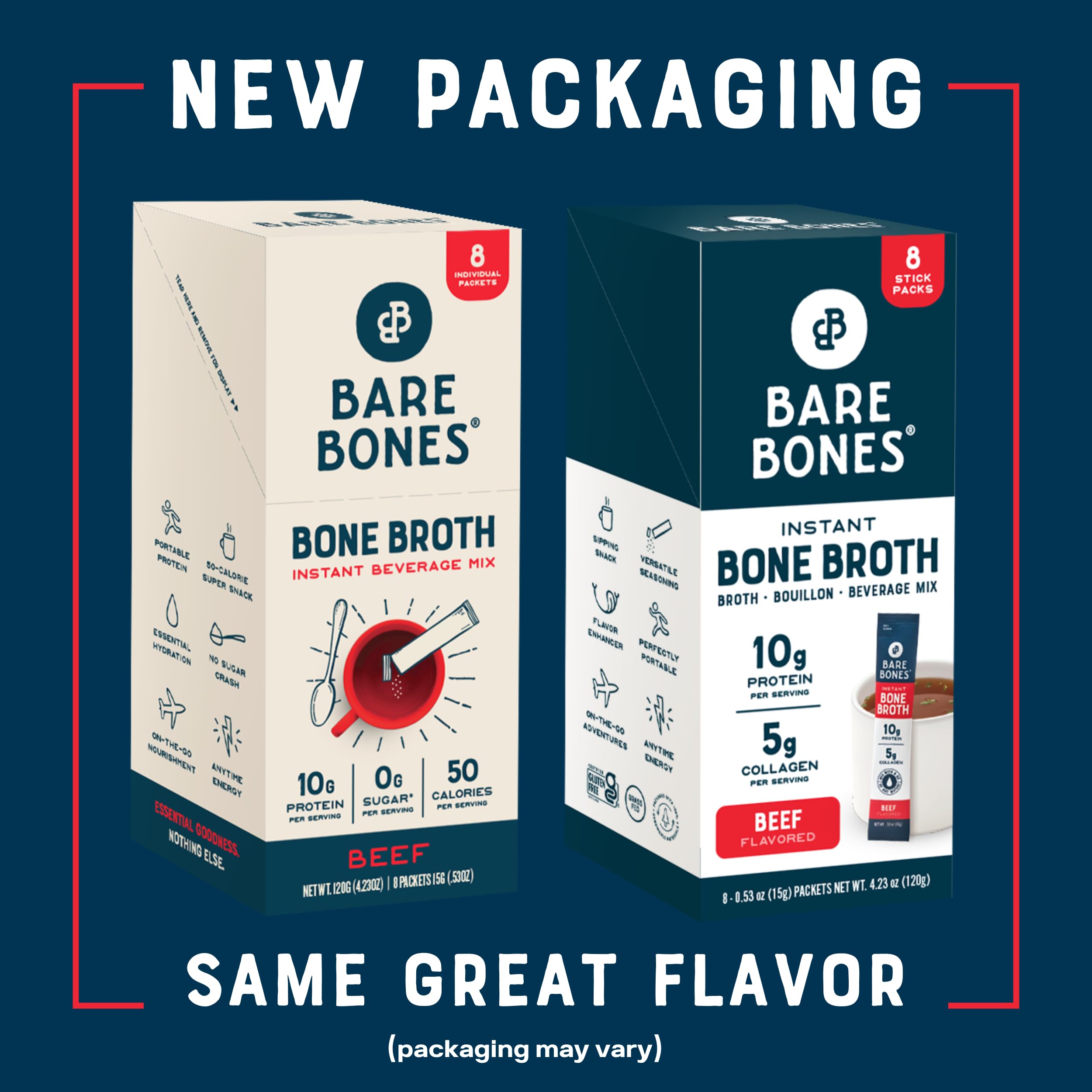 Bare Bones Beef Bone Broth Instant Powdered Mix | Rich Savory Packets on-the-Go No Artificial Flavors | 100% Grass Fed Keto & Paleo Friendly | 10g Protein | 8 Pack