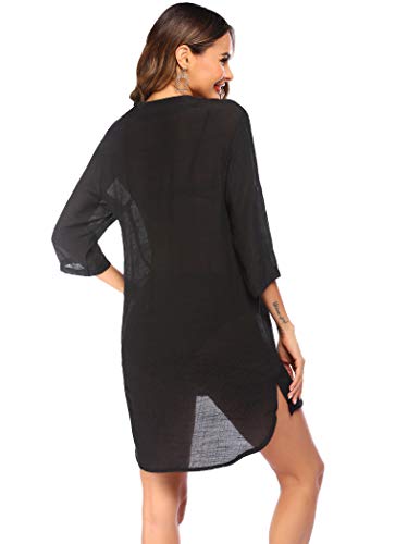Ekouaer Bathing Suit Cover Up for Women V Neck Button Down Swimsuit Coverup Beach Dress Shirt Black