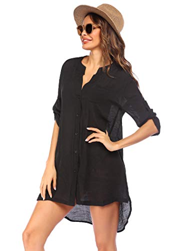 Ekouaer Bathing Suit Cover Up for Women V Neck Button Down Swimsuit Coverup Beach Dress Shirt Black