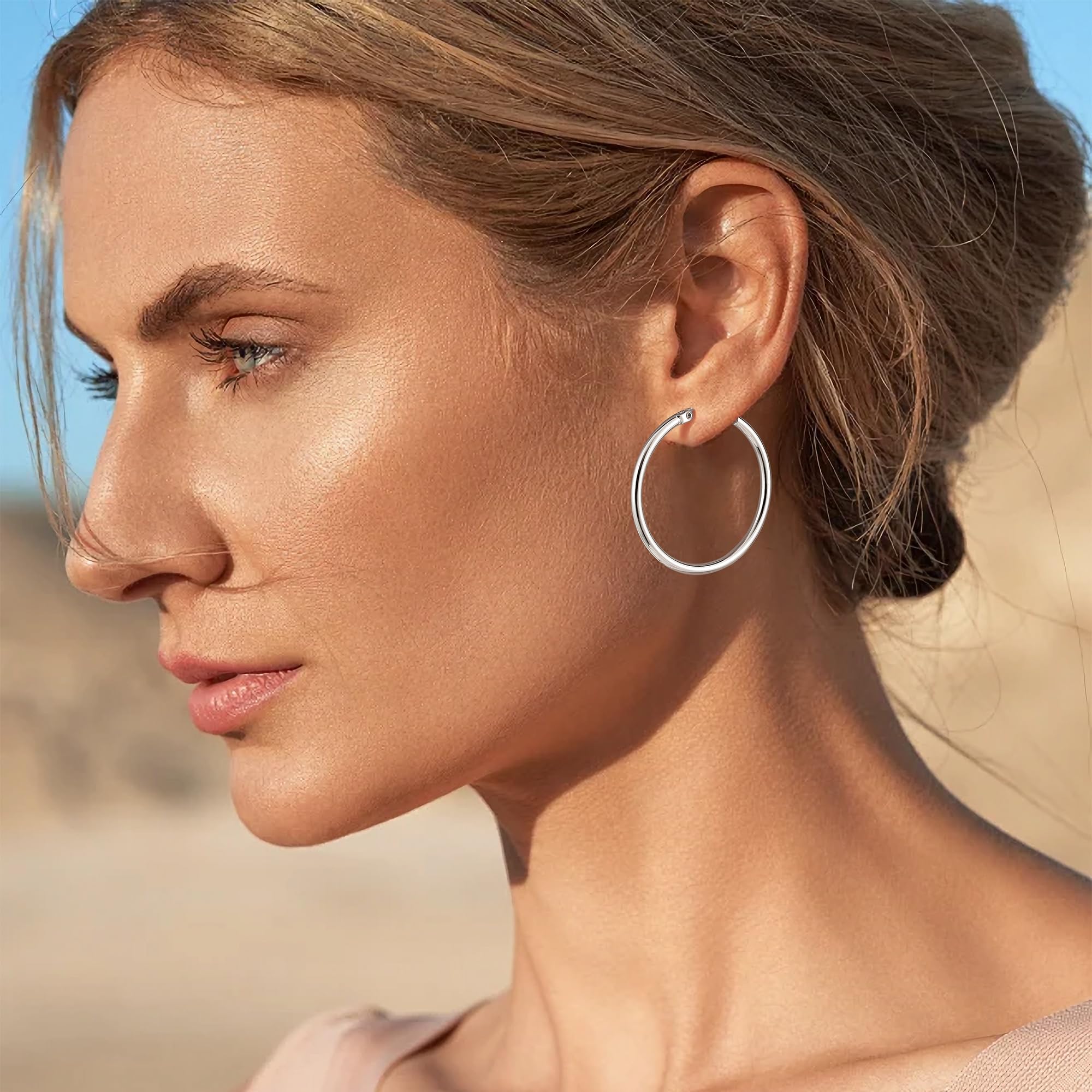 Gacimy Sterling Silver Hoop Earrings for Women, 14K White Gold Plated Hoops with 925 Sterling Silver Post, White Gold 30 40 50mm Medium Earrings for Women