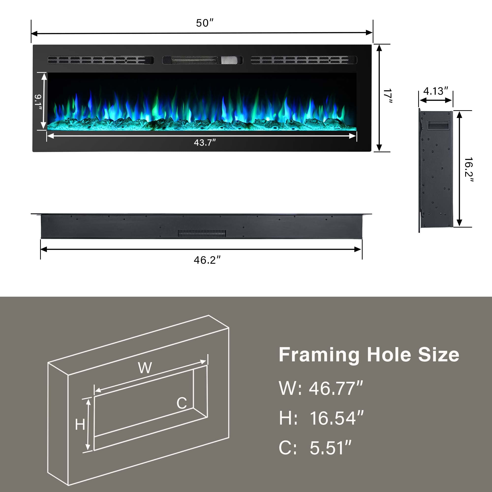 50 Inch Electric Fireplace Inserts, Quiet Wall Mounted Fireplace, Led Fireplace for Living Room, Recessed Electric Fireplace, Linear Fireplace, Logs & Crystal, 750/1500W