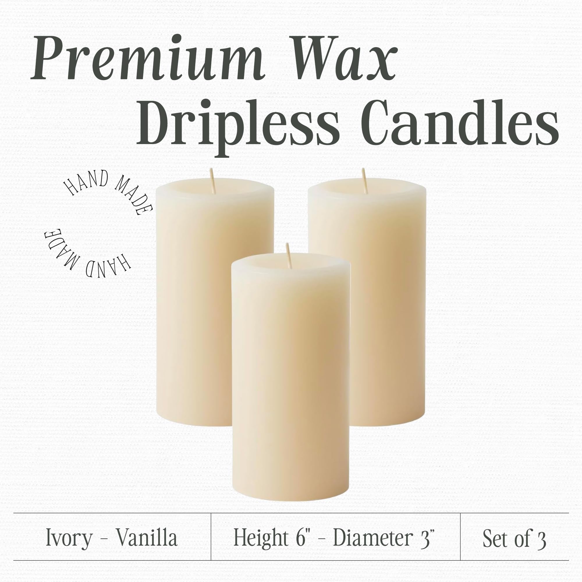 Mister Candle Dripless Vanilla Scented Ivory Pillar Candles Set of 3, Hand Made Vanilla Pillar Candles with Essential Oils for Home Decor, Premium Wax, 80 Hr Burn Time (3x6 inch)