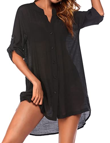 Ekouaer Bathing Suit Cover Up for Women V Neck Button Down Swimsuit Coverup Beach Dress Shirt Black