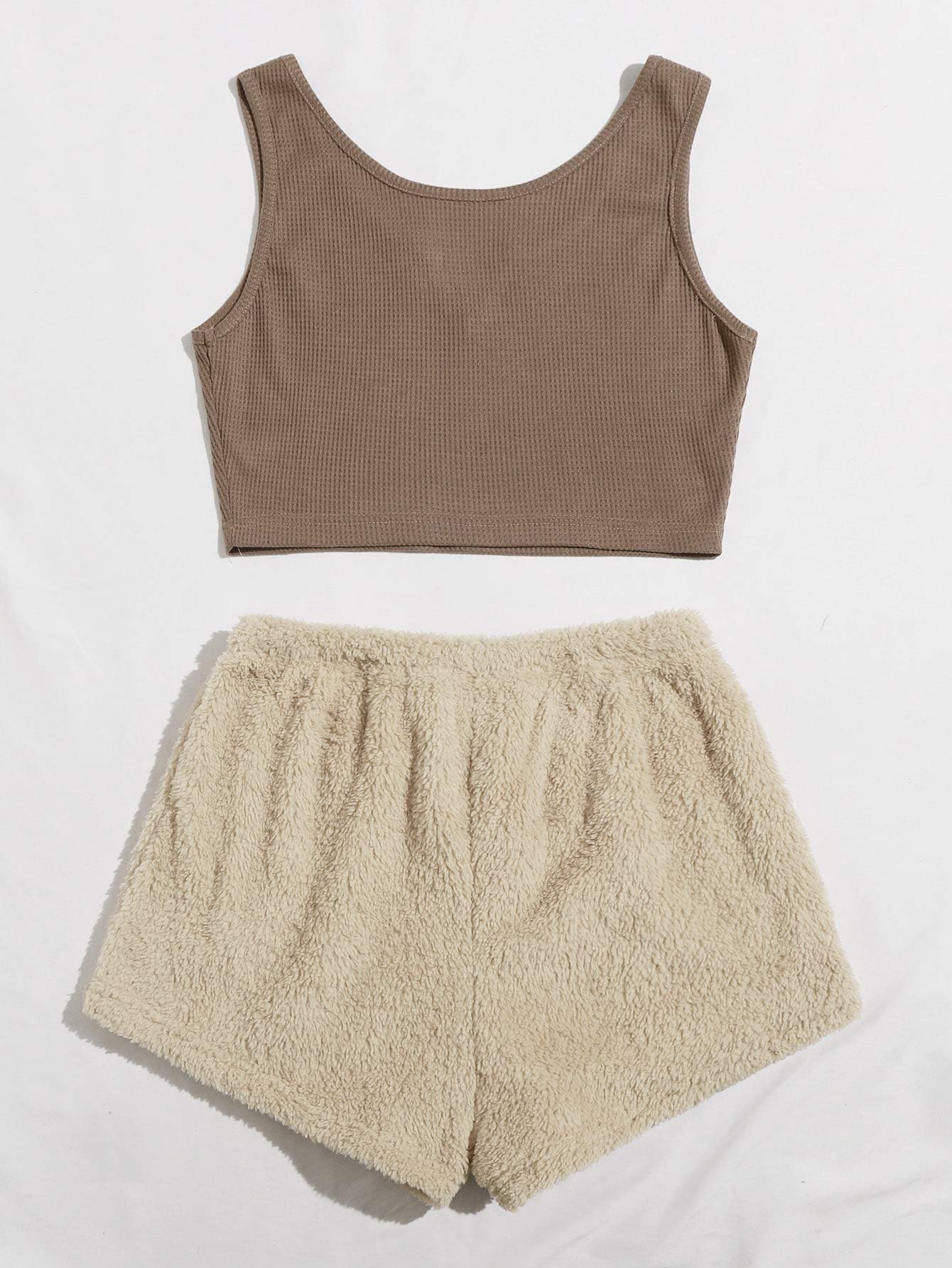 Verdusa Women's Notched Tank Top & Tie Front Teddy Shorts Lounge Pajama Set Multicolored S