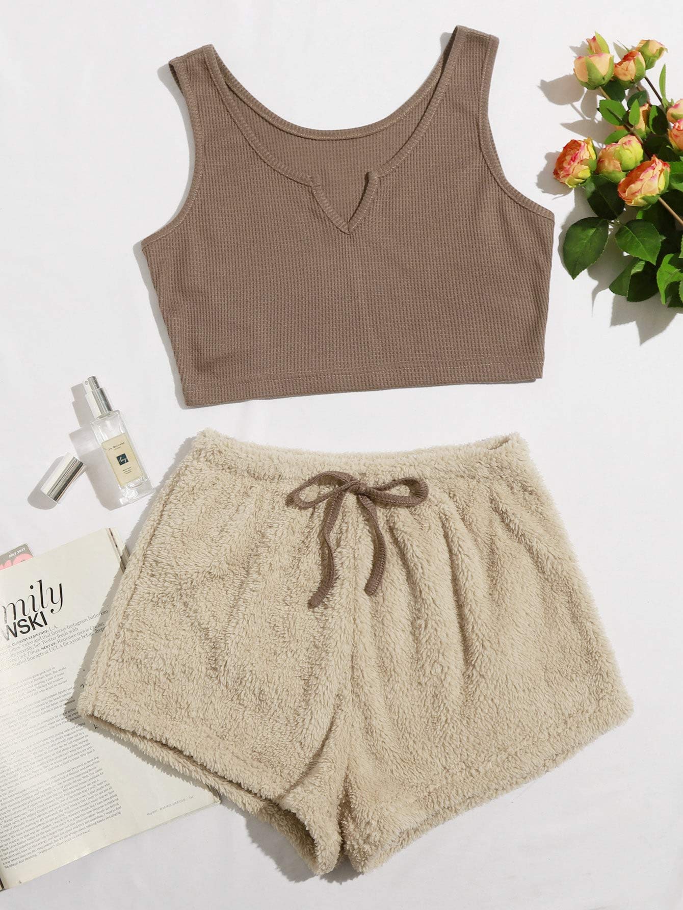 Verdusa Women's Notched Tank Top & Tie Front Teddy Shorts Lounge Pajama Set Multicolored S