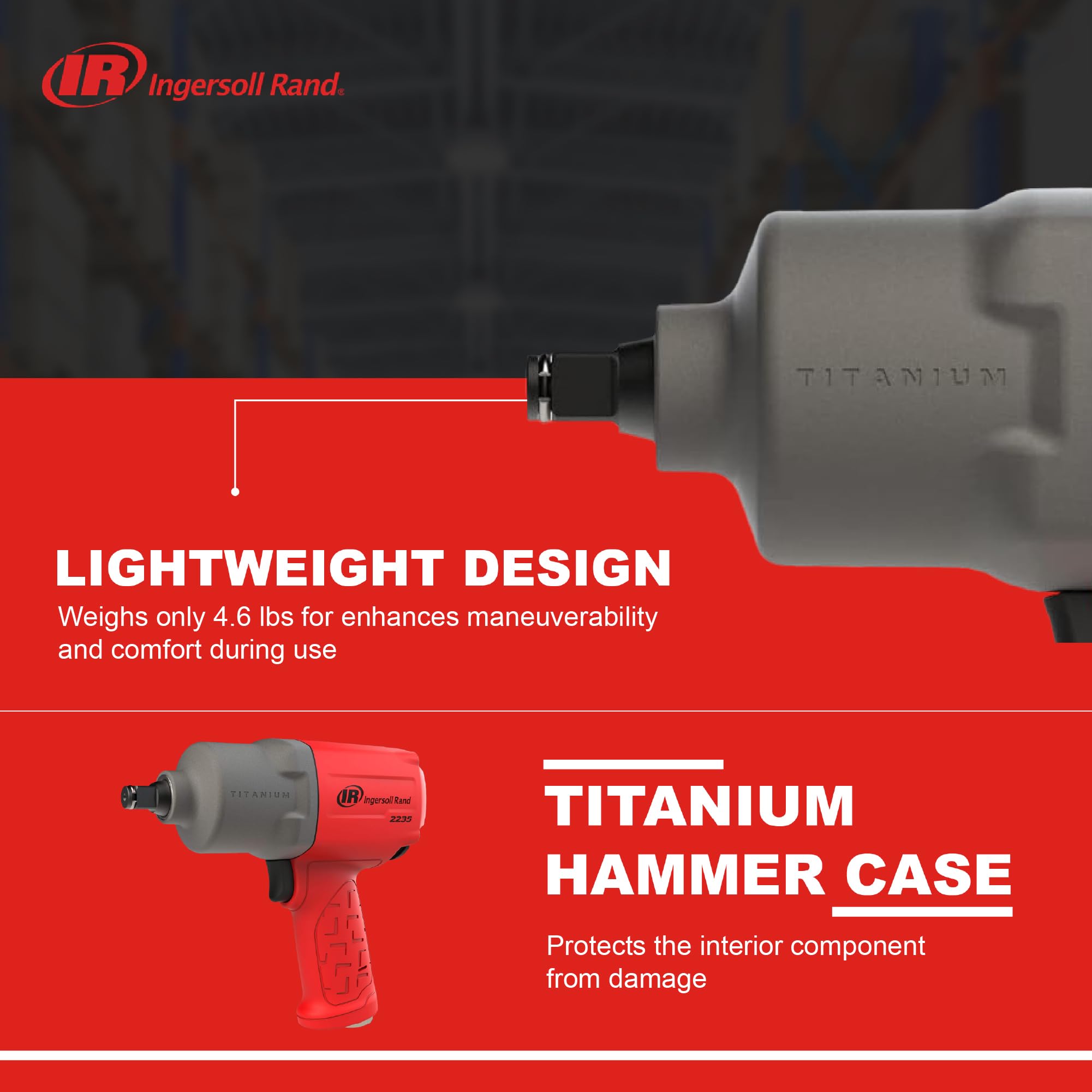 Ingersoll Rand 2235TiMAX-R 1/2" Drive Air Impact Wrench, Lightweight 4.6 lb Design, Powerful Torque Output up to 1,350 ft-lbs, Titanium Hammer Case, Max Control, Red