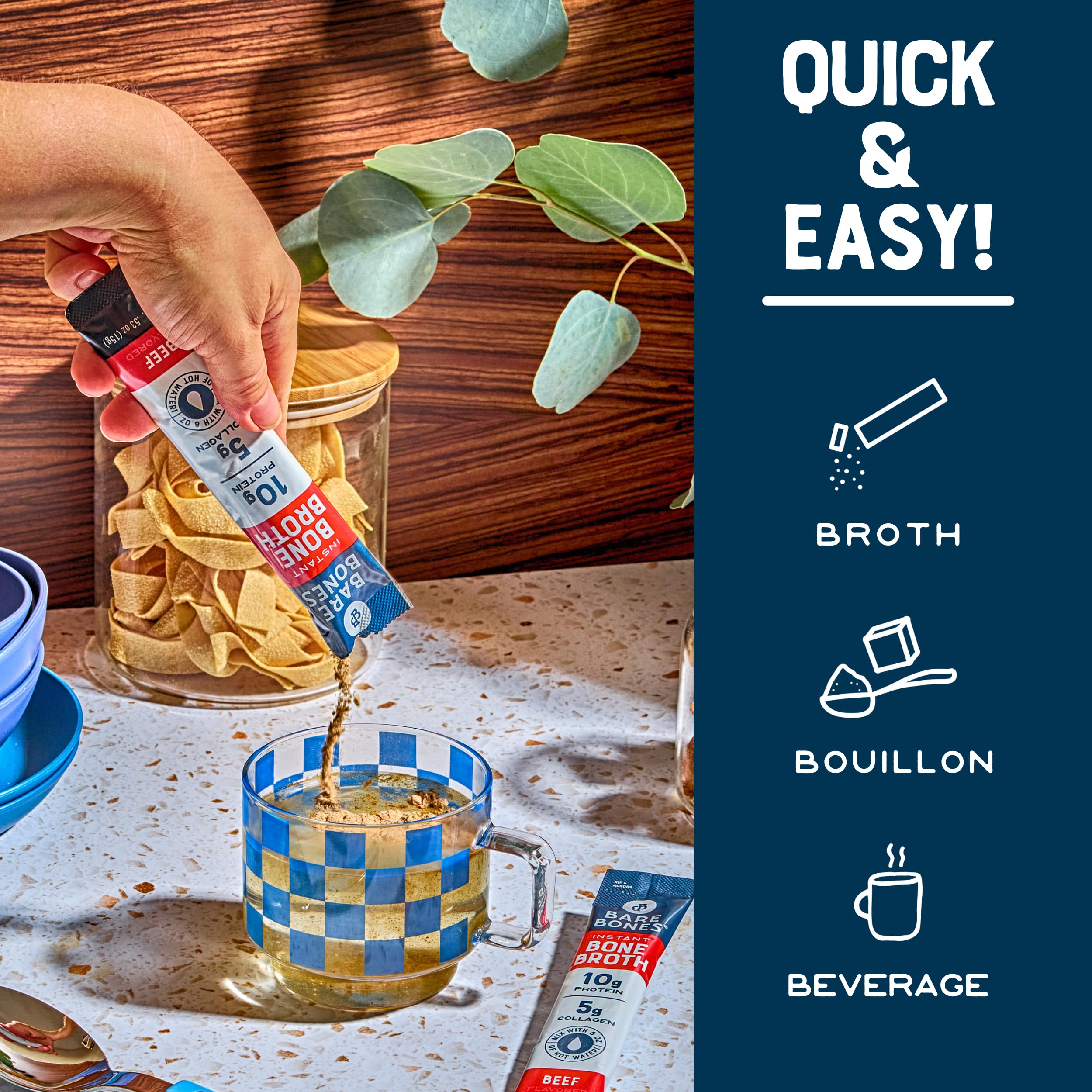 Bare Bones Beef Bone Broth Instant Powdered Mix | Rich Savory Packets on-the-Go No Artificial Flavors | 100% Grass Fed Keto & Paleo Friendly | 10g Protein | 8 Pack