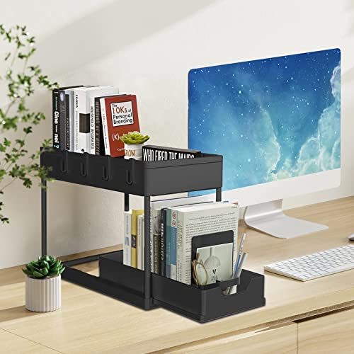 2 Pack Under Sink Organizer, Under Sink Organizers and Storage, Sliding 2 Tier Cabinet Organizer, Multi-Purpose Storage Rack with Hooks for Kitchen and Bathroom, Office, Bedroom(2 Pack) (Black2)