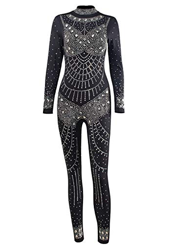 Sedrinuo Women Club Outfits Long Sleeve Bodycon Jumpsuits High Neck Sparkly Rhinestone Romper