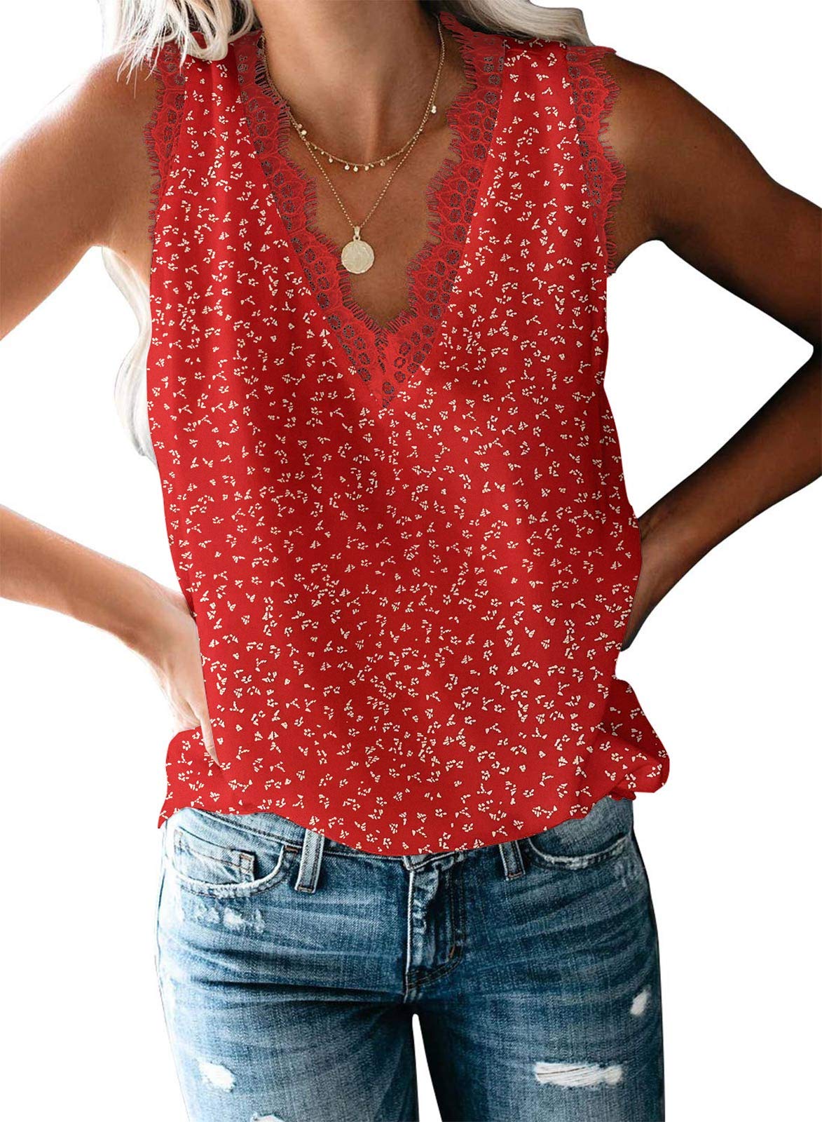 VIISHOW Women's V Neck Lace Trim Casual Tank Tops Sleeveless Blouses Shirts, Floral red, Large