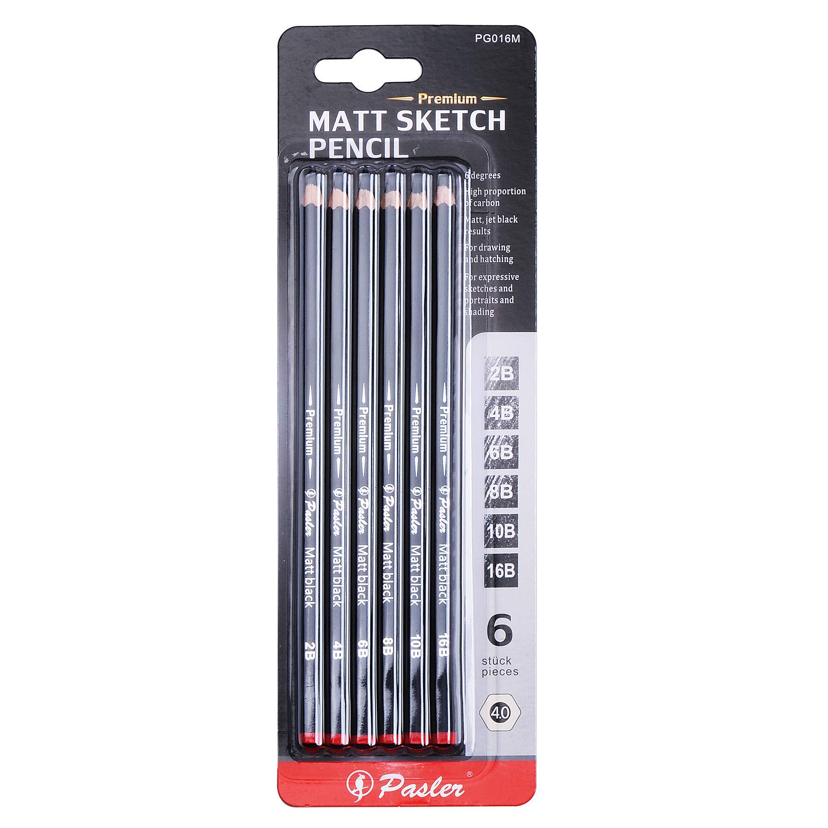 Pasler matt sketch drawing pencil set artist quality carbon blend pencil set of 6 count including (2B,4B,6B,8B,10B,16B) jet black results for expressive sketches and portraits and shading