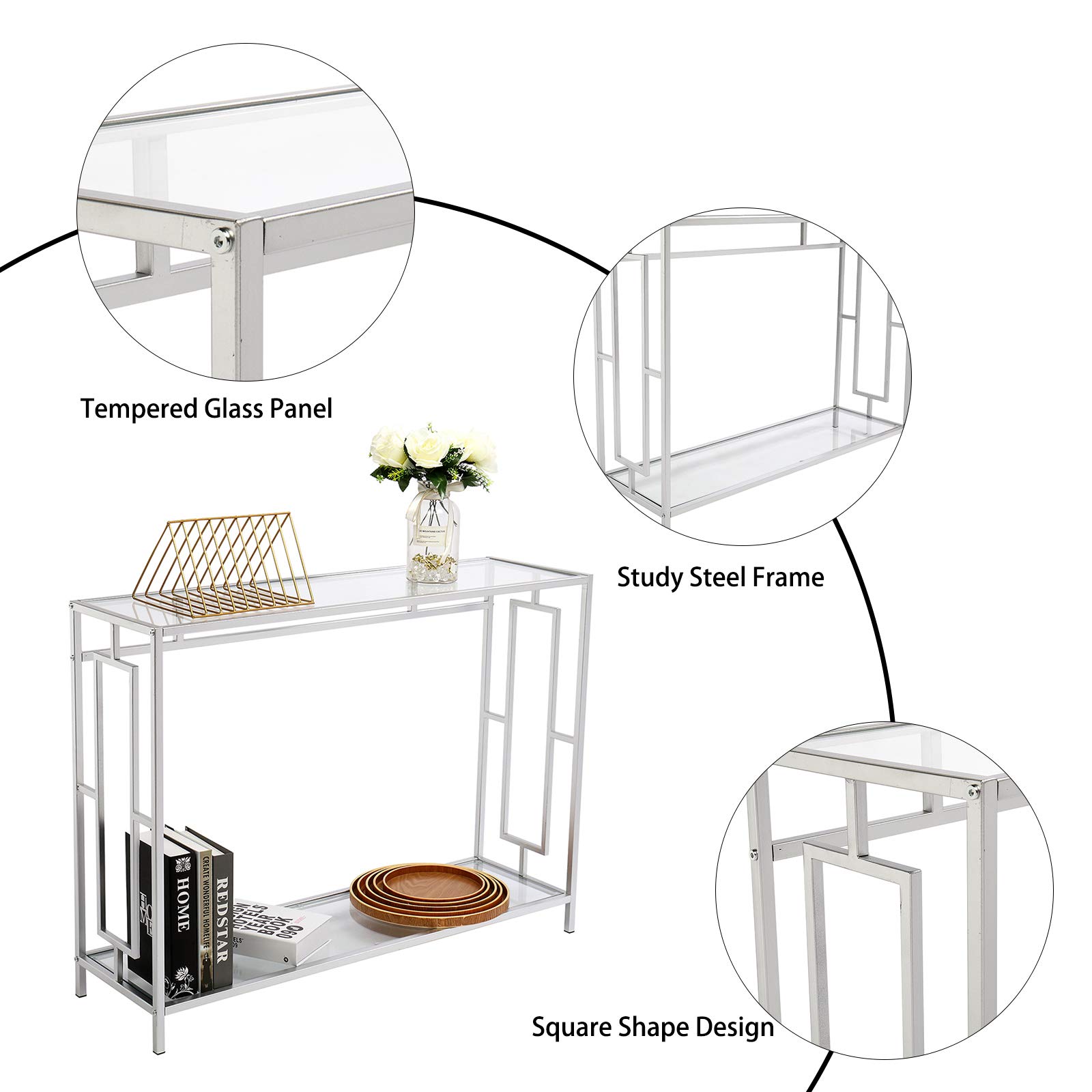 SSLine Toughened Glass Console Table,Clear Glass Accent Console Sofa Table,Entry Tables with Shelf for Hallway, Sofa Living Room,Narrow Spaces