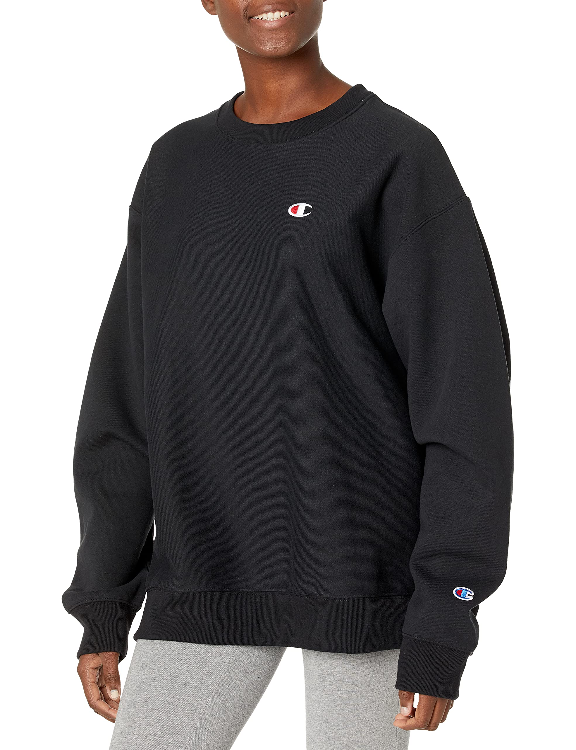 Champion Plus Size Reverse Weave Crewneck, Pullover Sweatshirts for Women, Black Left Chest C, 1X