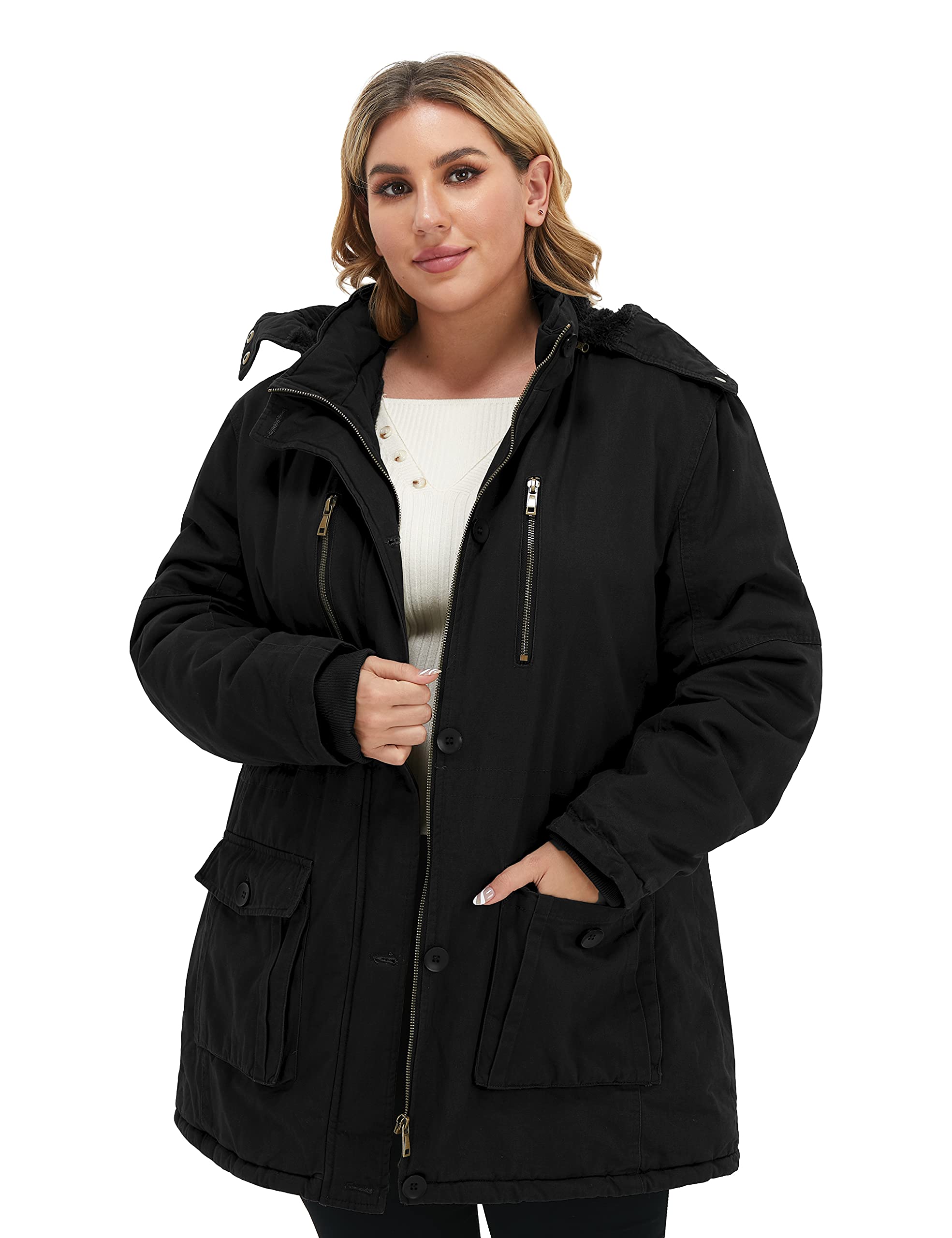 Soularge Women's Winter Plus Size Padded Fleece Parka Coat with Hood (Black, 2X)