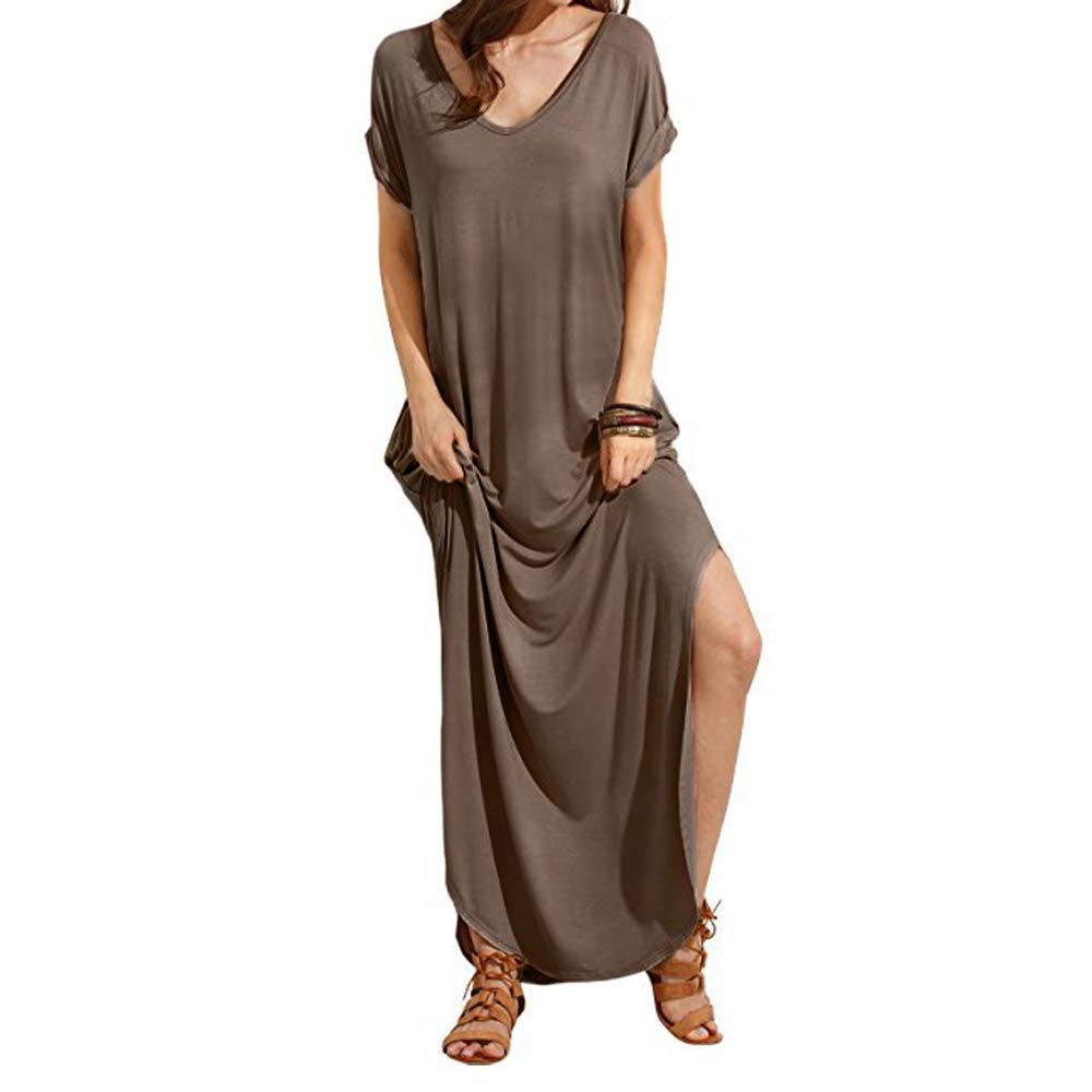 Match Women's V-Neck Casual Loose Short Sleeve Long T-Shirt Dress Split Maxi Dress with Side Pocket (152 Khaki, XL)