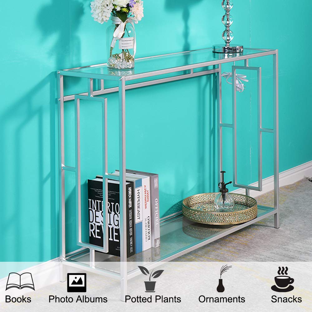 SSLine Toughened Glass Console Table,Clear Glass Accent Console Sofa Table,Entry Tables with Shelf for Hallway, Sofa Living Room,Narrow Spaces