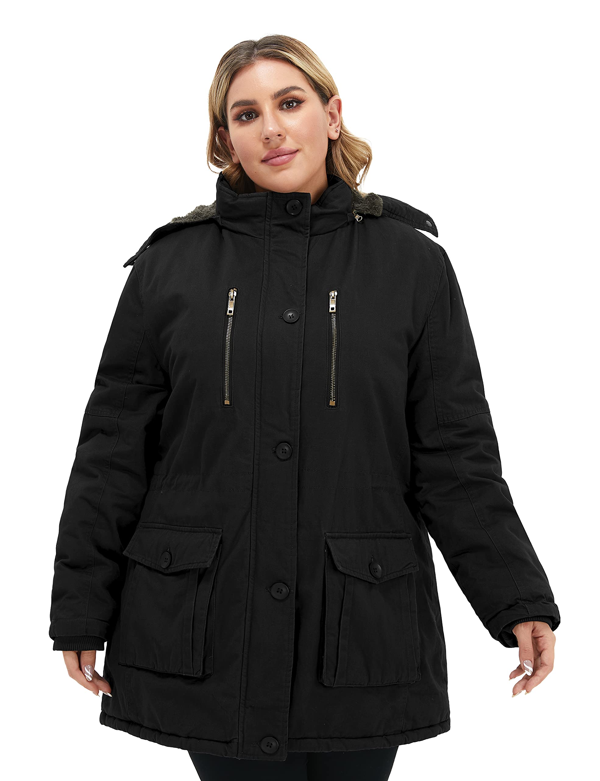 Soularge Women's Winter Plus Size Padded Fleece Parka Coat with Hood (Black, 2X)