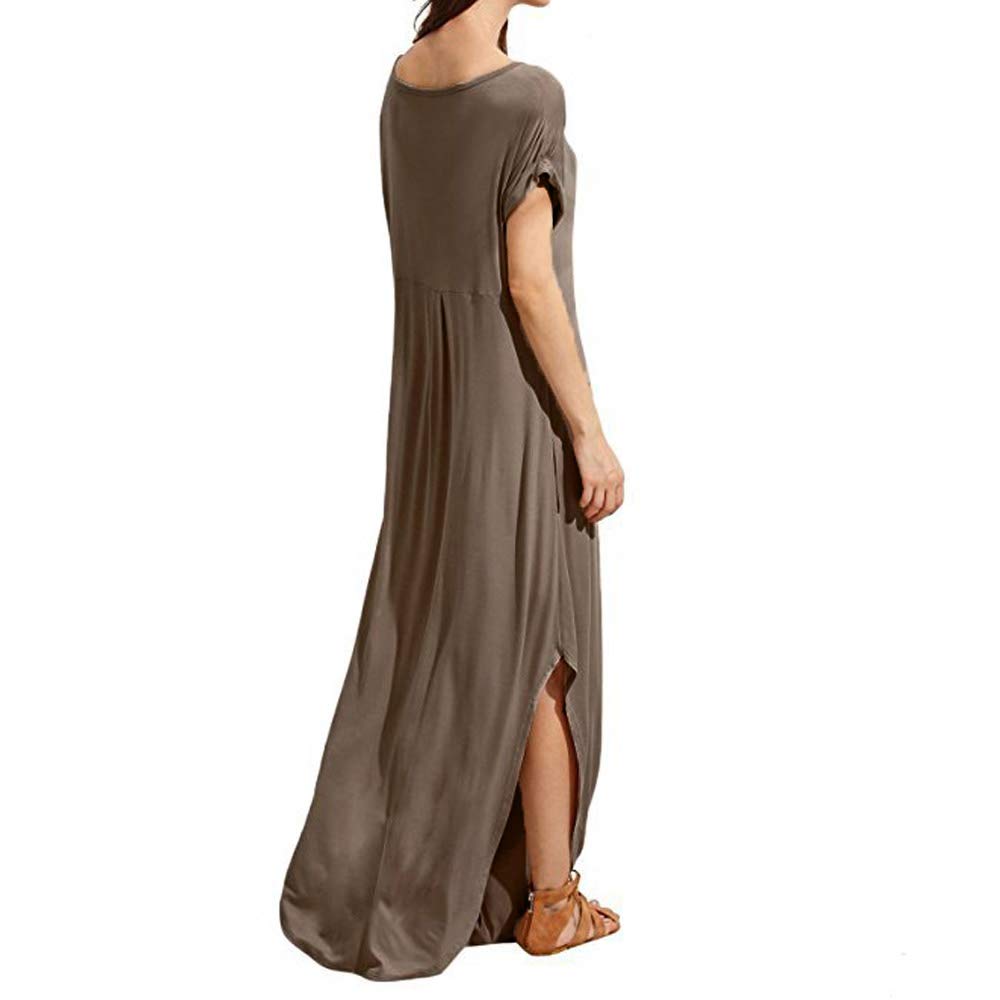 Match Women's V-Neck Casual Loose Short Sleeve Long T-Shirt Dress Split Maxi Dress with Side Pocket (152 Khaki, XL)