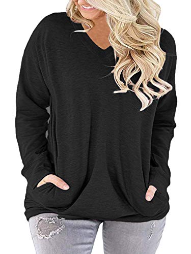 ROSRISS Plus Size Sweatshirts for Women 3X Long Sleeve V Neck T Shirts Black 22W