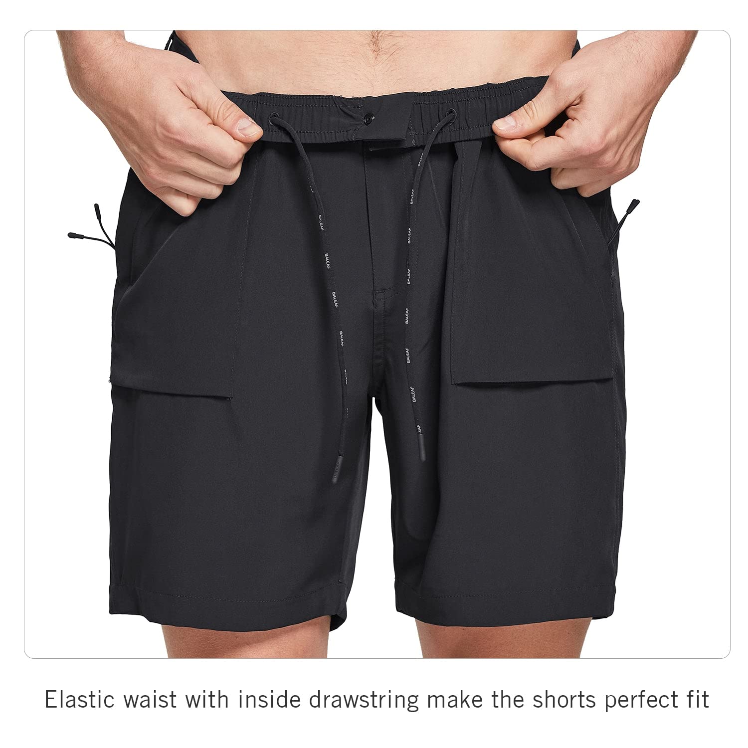 baleaf Men's 7" Casual Shorts for Summer Elastic Waist Quick Dry Lightweight Short with Cargo Hiking Fishing Black Size XL