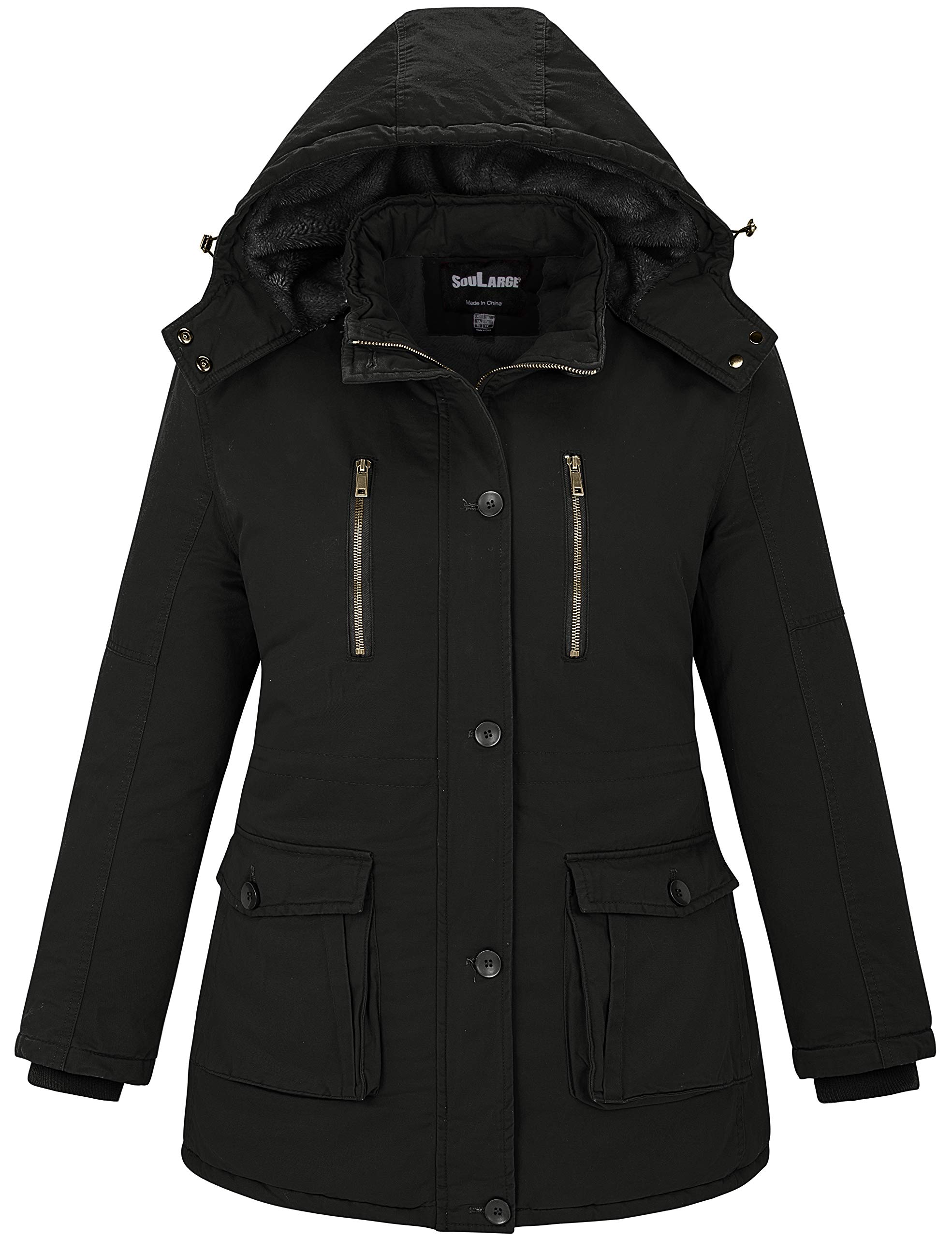 Soularge Women's Winter Plus Size Padded Fleece Parka Coat with Hood (Black, 2X)
