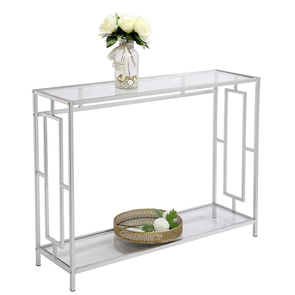 SSLine Toughened Glass Console Table,Clear Glass Accent Console Sofa Table,Entry Tables with Shelf for Hallway, Sofa Living Room,Narrow Spaces