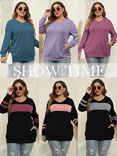 ROSRISS Plus Size Sweatshirts for Women 3X Long Sleeve V Neck T Shirts Black 22W