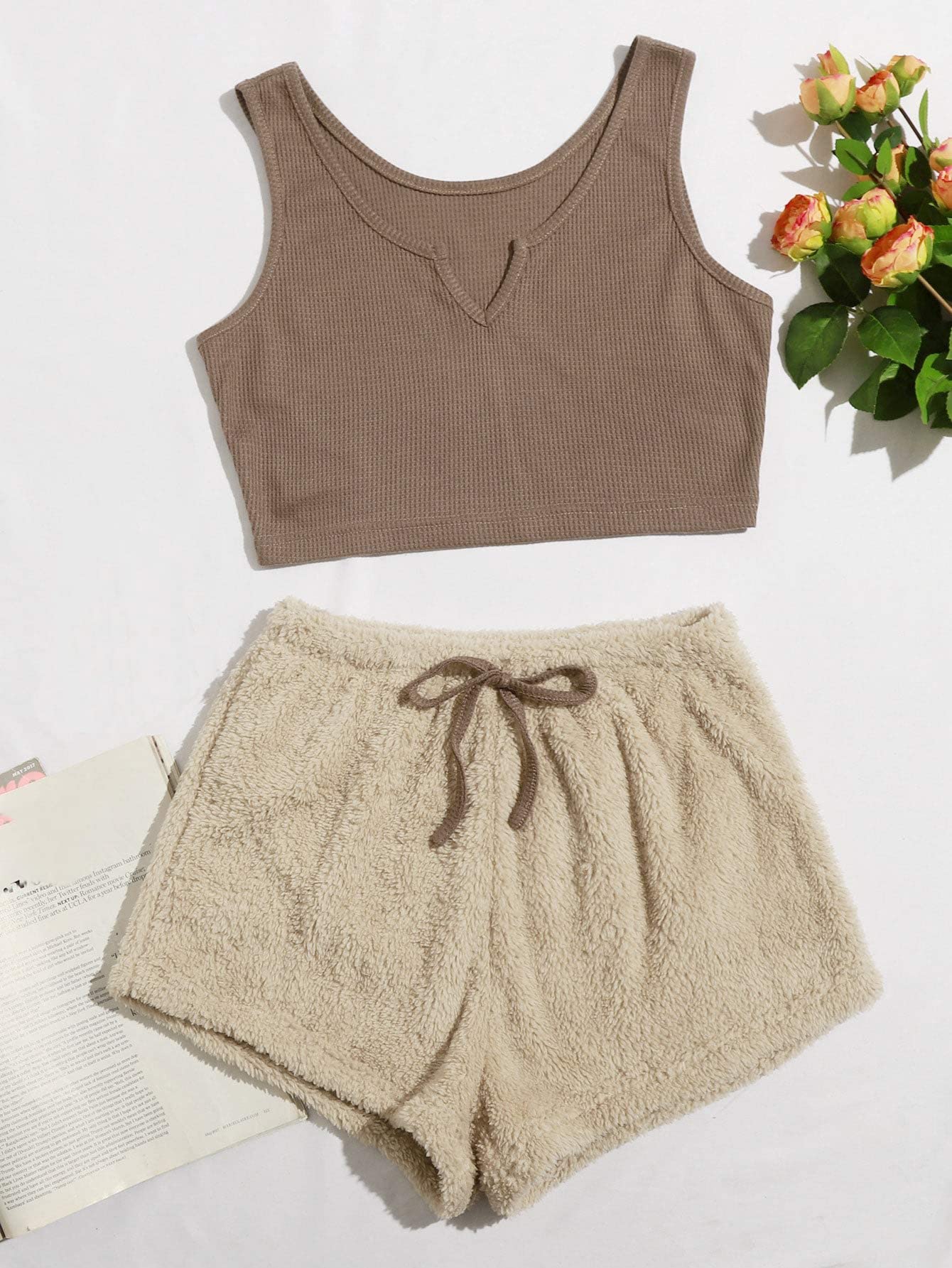 Milumia Womens Two Piece Pajamas Crop Tank Top Tie Waist Fluffy Teddy Shorts Lounge Set (A Brown and Beige, Large)