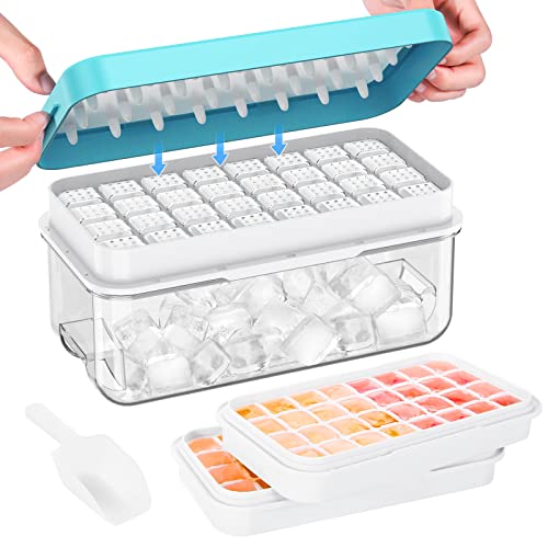 Ice Cube Tray with Lid and Bin, 64 pcs Ice Cubes Molds, Ice Trays for Freezer, Ice Cube Tray Mold, With 2 trays, Ice Freezer Container, Spill-Resistant Removable Lid & Ice Scoop, for Whiskey,Cocktail