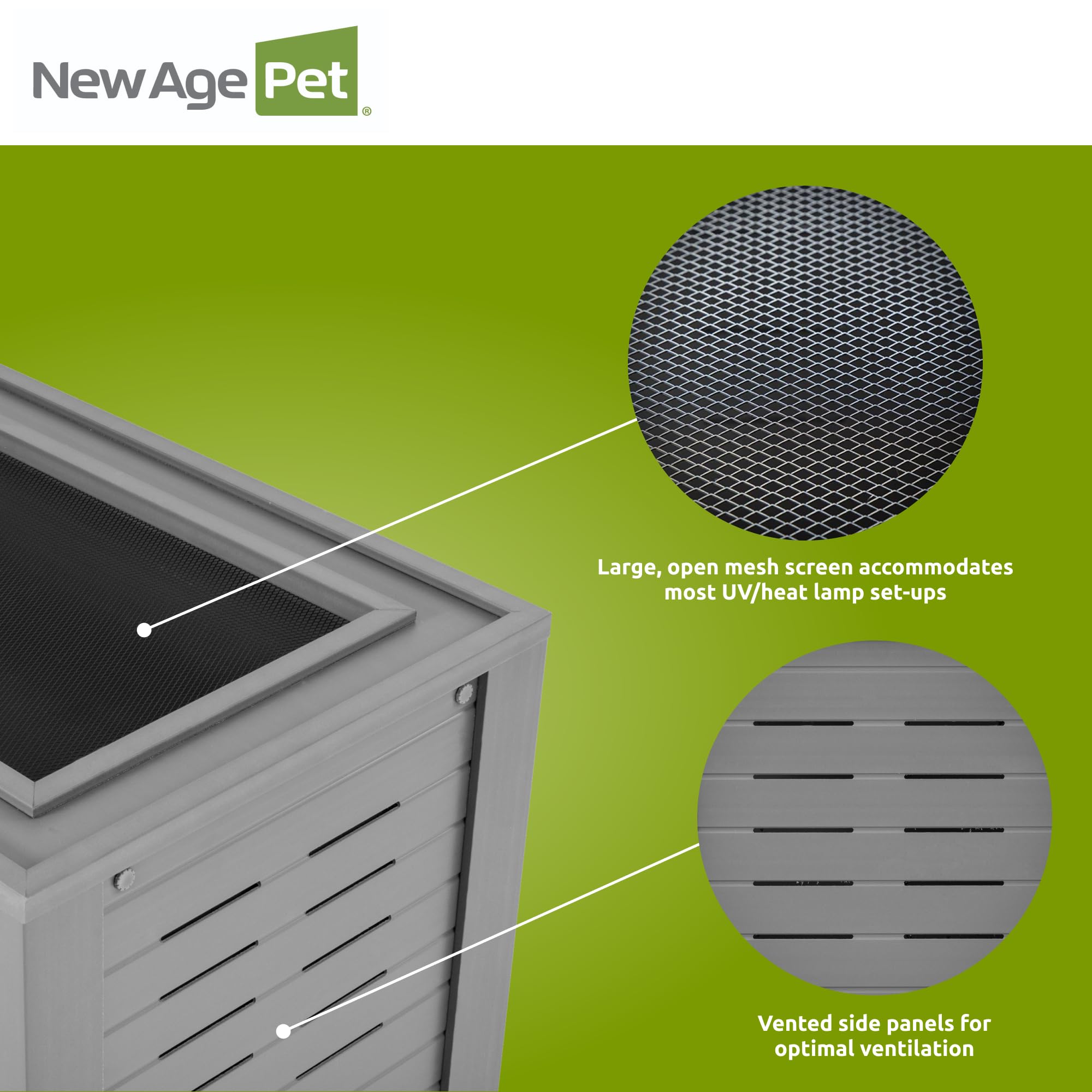New Age Pet ECOFLEX 24-Inch Mojave Reptile Lounge in Grey - Durable Wood Plastic Composite Habitat with Ventilated Side Panels, Removable Sliding Glass Doors, and Mesh Screen Top