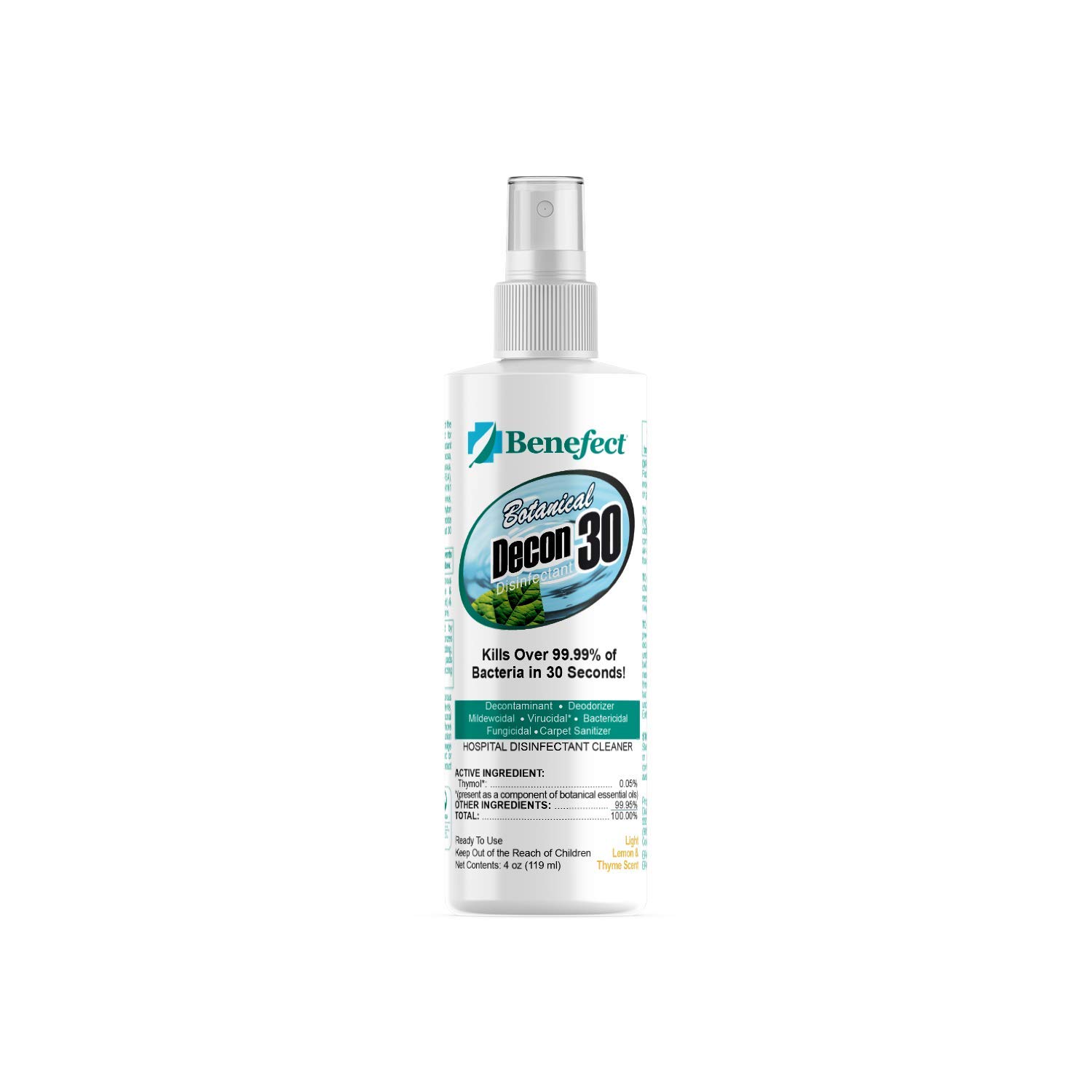 Benefect Botanical Decon 30 Disinfectant Cleaner, 4 oz. Spray Bottle, Light Lemon & Thyme Scent, Hospital Grade Disinfectant, Kills Over 99.99% of Germs, Safe for Food-Contact Surfaces (Pack of 4)