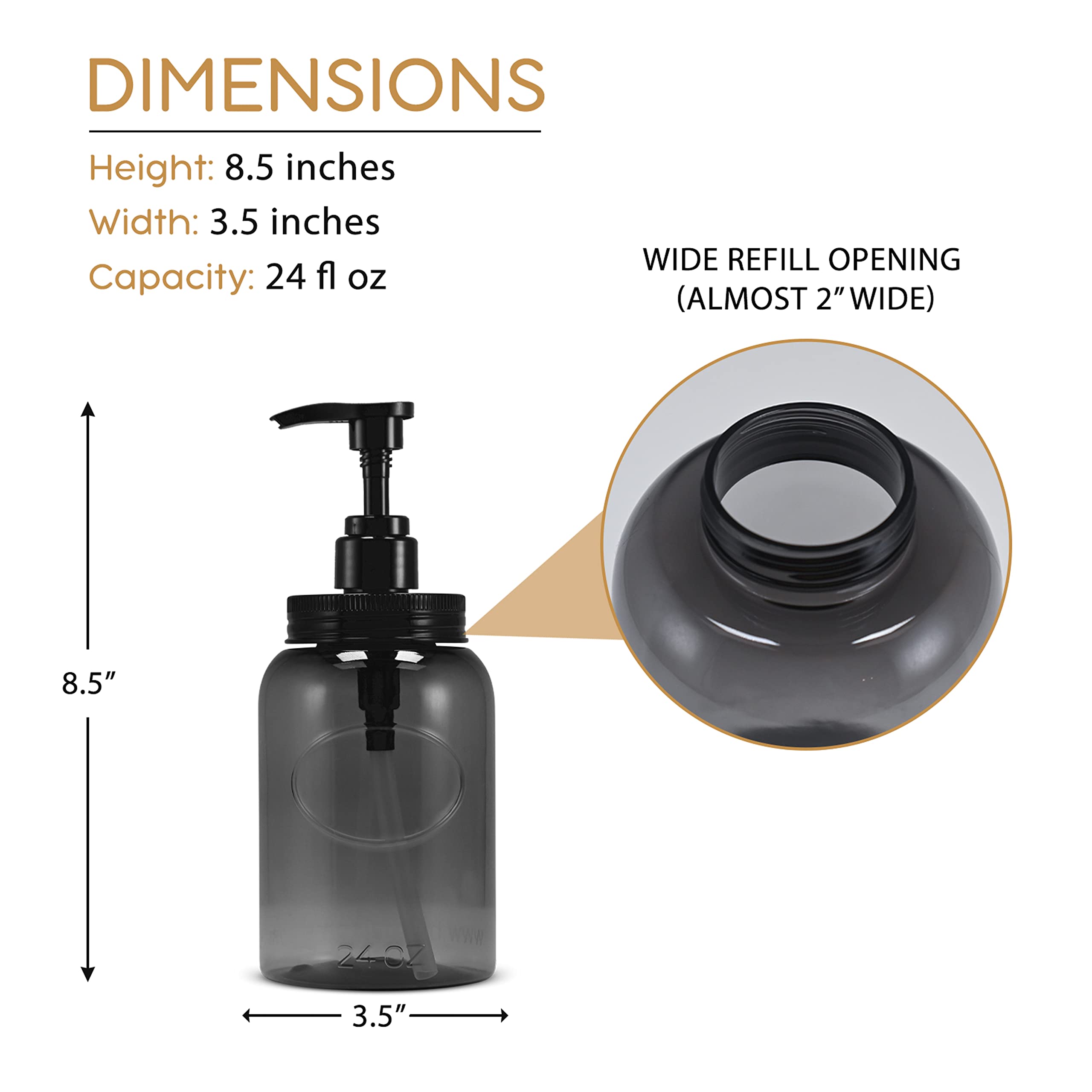 Bottiful Home-24 oz Plastic Refillable Wide-Mouth Jar Style Pump Bottle Dispenser Set of 4 for Shampoo, Conditioner, Wash, Soap, Lotion, Dish Soap, Sanitizer, Detergent (Gray)