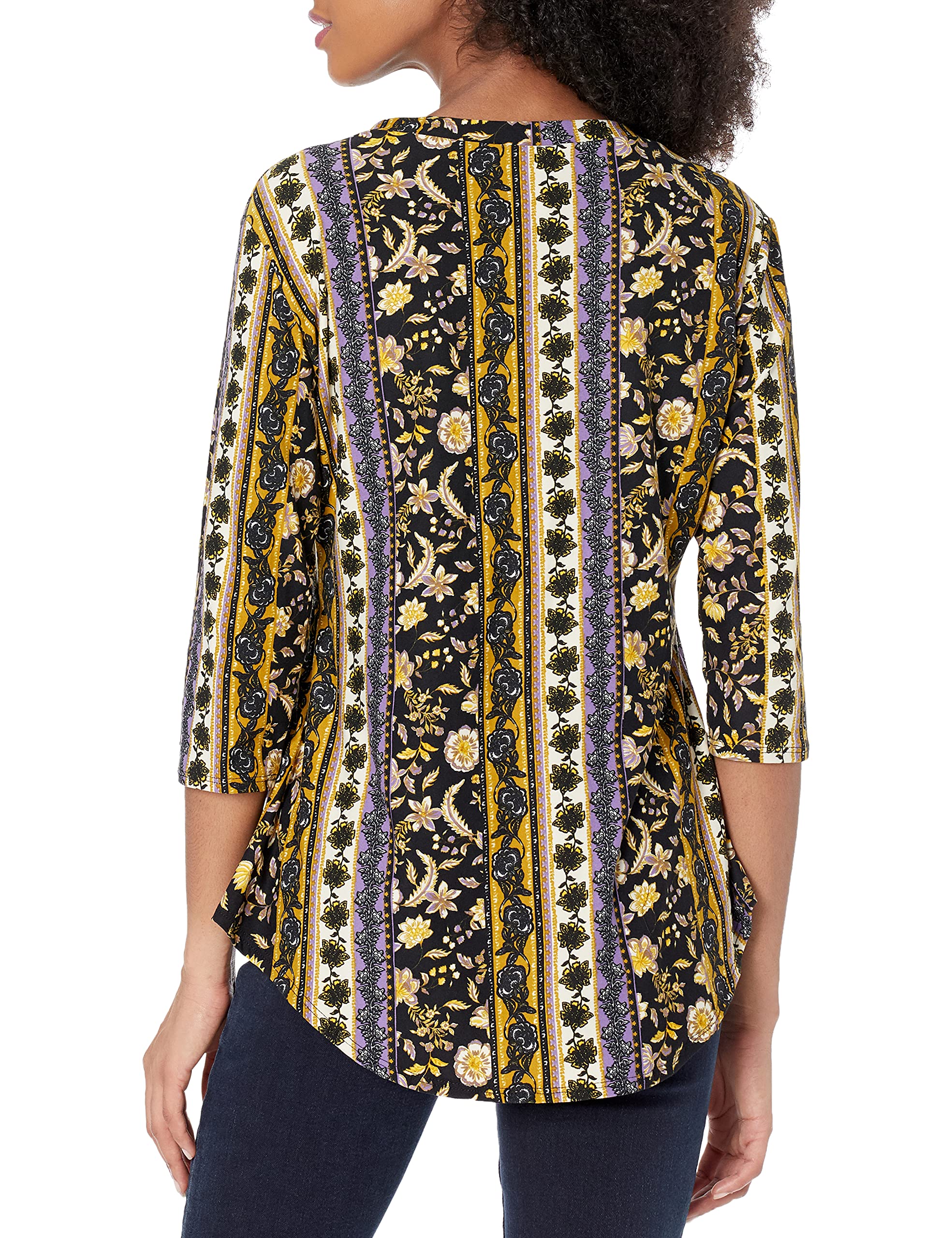 Star Vixen Women's 3/4 Sleeve Babydoll Top with V Neck, Black Mustard Wallpaper, S
