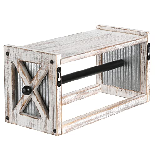 FARM IN Paper Towel Holder, Rustic Wall Mount & Countertop Kitchen Organizer with Top Storage Shelf and Barn Door “X-Cross” Design, Industrial Farmhouse Paper Towel Dispenser, Bathroom Towel Rack