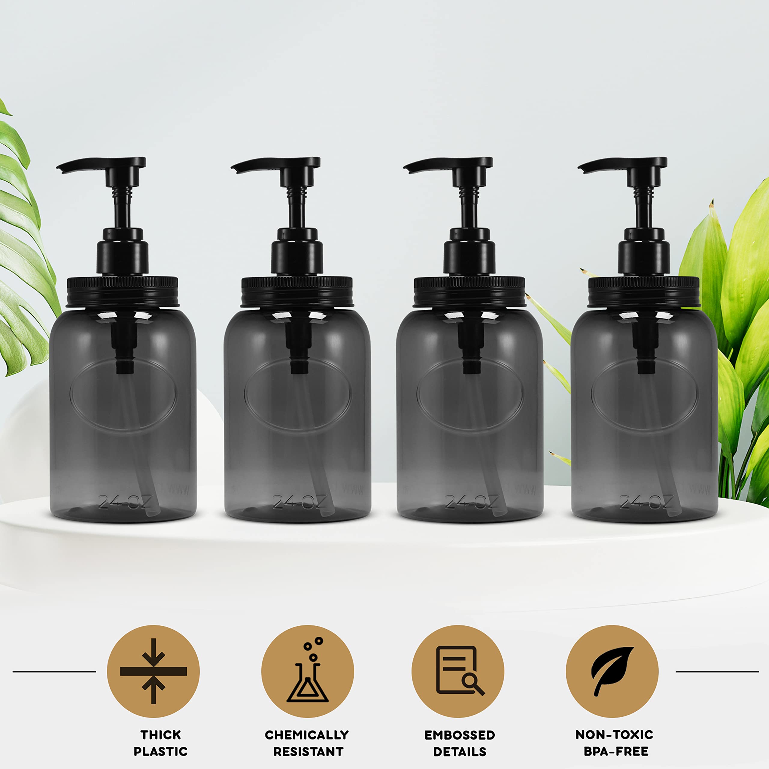 Bottiful Home-24 oz Plastic Refillable Wide-Mouth Jar Style Pump Bottle Dispenser Set of 4 for Shampoo, Conditioner, Wash, Soap, Lotion, Dish Soap, Sanitizer, Detergent (Gray)
